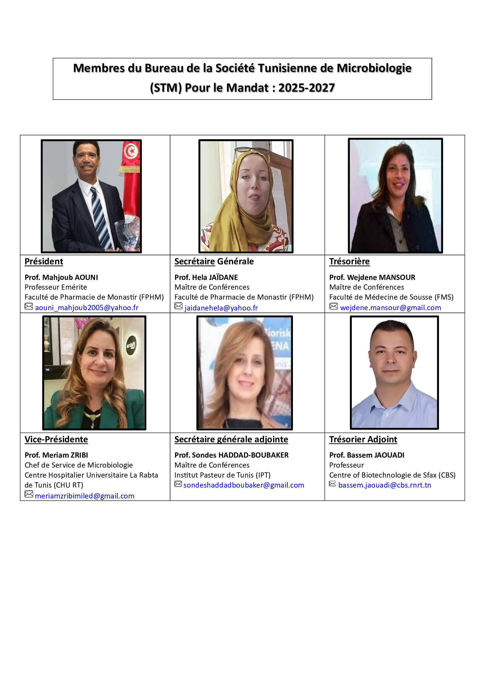 Membres du Bureau de la Société Tunisienne de Microbiologie (STM) Pour le Mandat : 2025-2027 ...